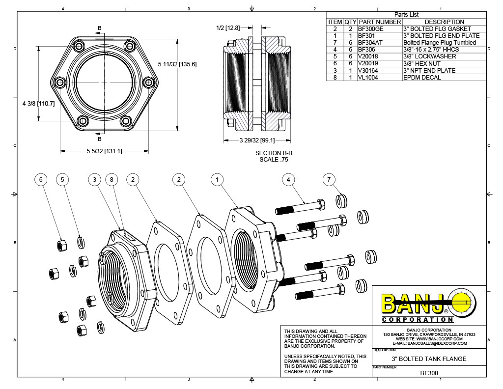 Banjo BF300 Bolted Tank Flange Diagram